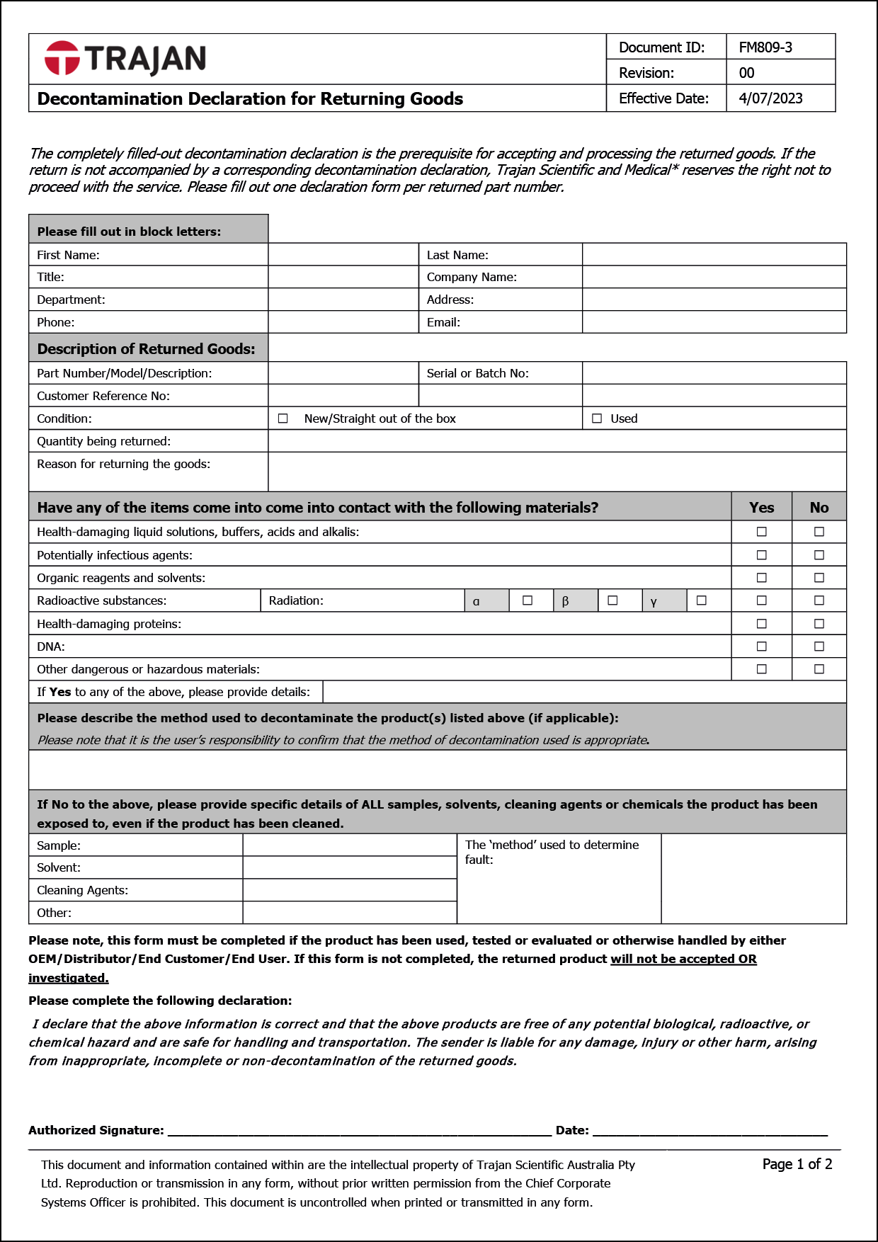 Form - Decontamination declaration for returning goods