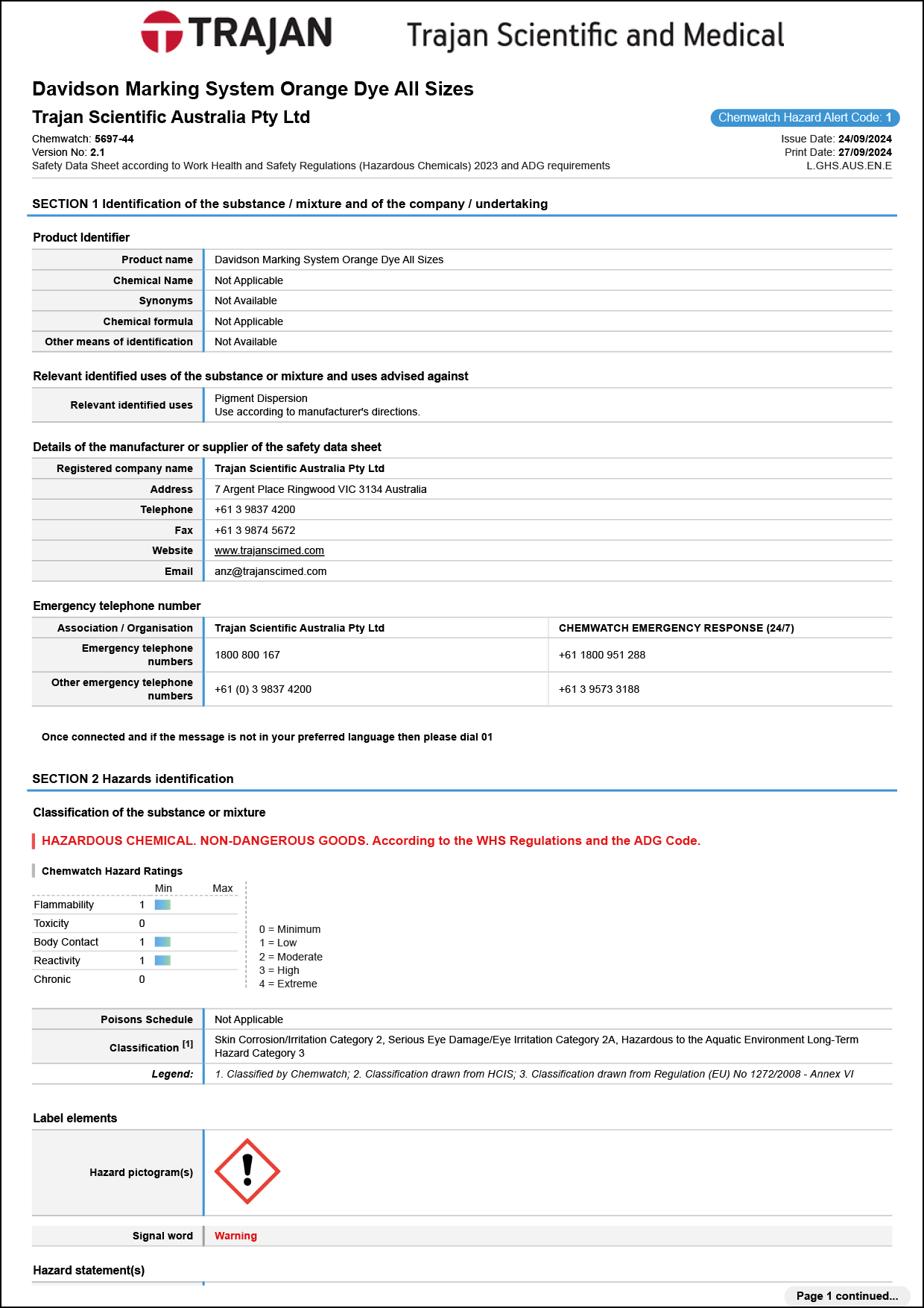 Safety Data Sheet - Davidson Marking System Orange Dye All Sizes (AUS)