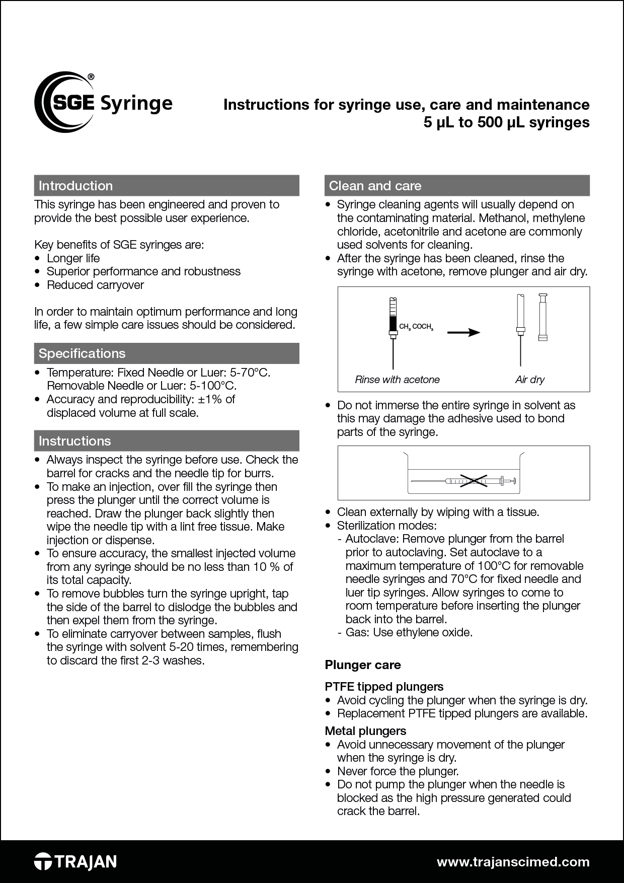 Instructions for syringe use, care and maintenance 5 µL to 500 µL syringes