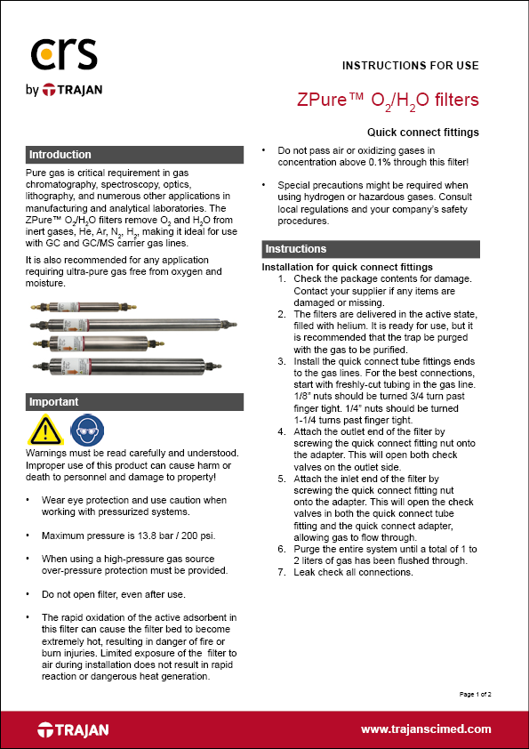 Instructions for use - ZPure™ O2/H2O filters with quick connect fittin