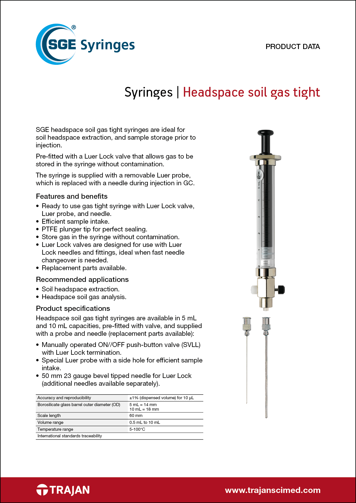 SGE headspace soil gas tight syringes