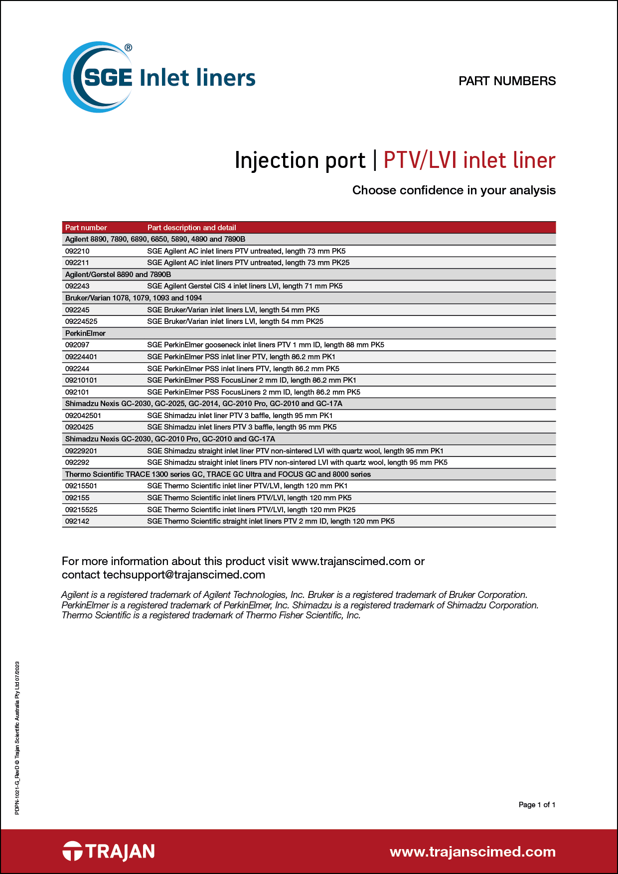 SGE PTV/LVI inlet liners
