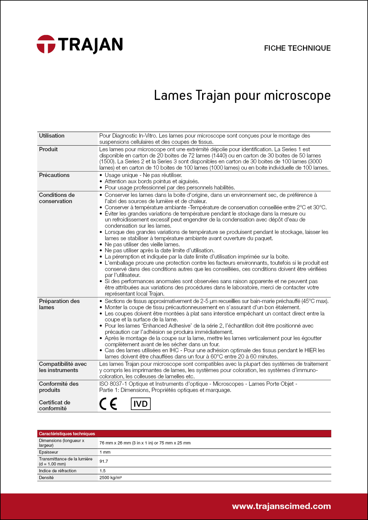 Product Specification Sheet - Trajan microscope slides (French)