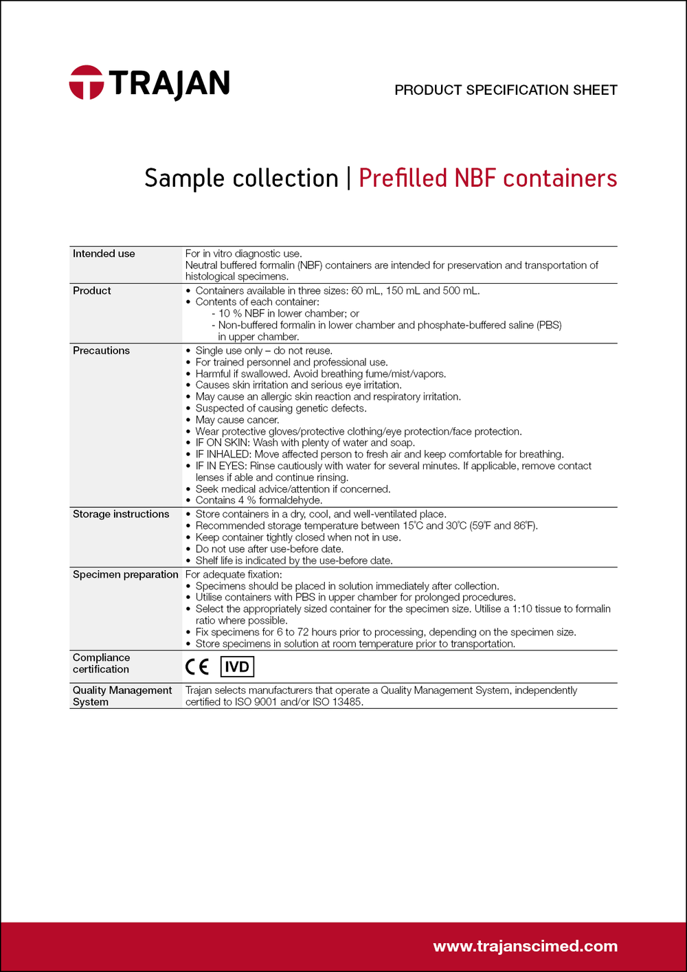 Product Specification Sheet - Prefilled NBF containers