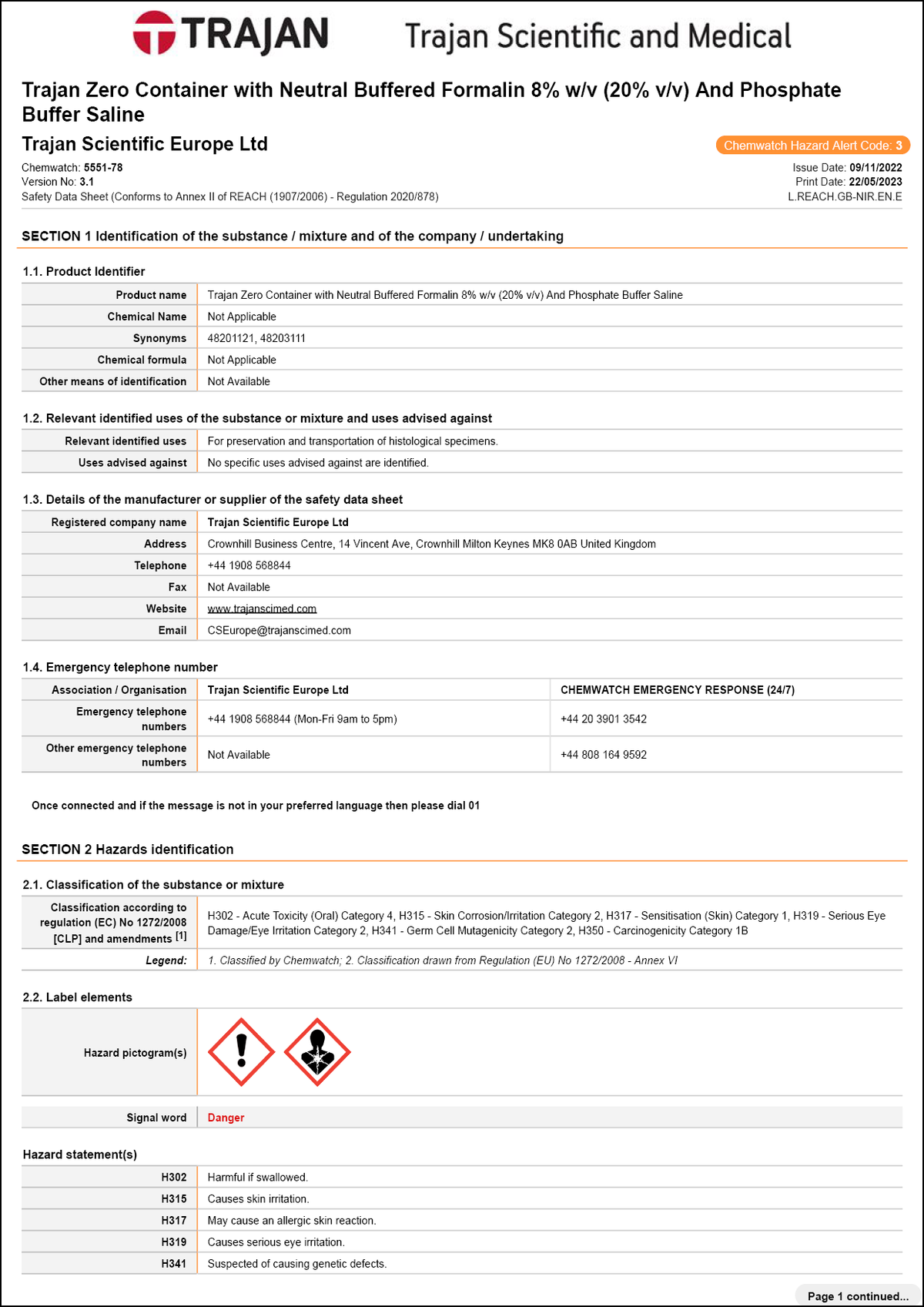 Safety Data Sheet - Trajan Zero Container with Neutral Buffered Formal