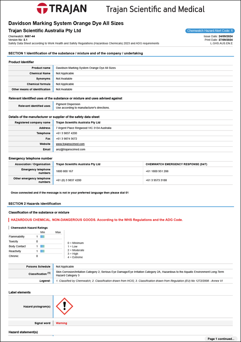 Safety Data Sheet - Davidson Marking System Orange Dye All Sizes (AUS)