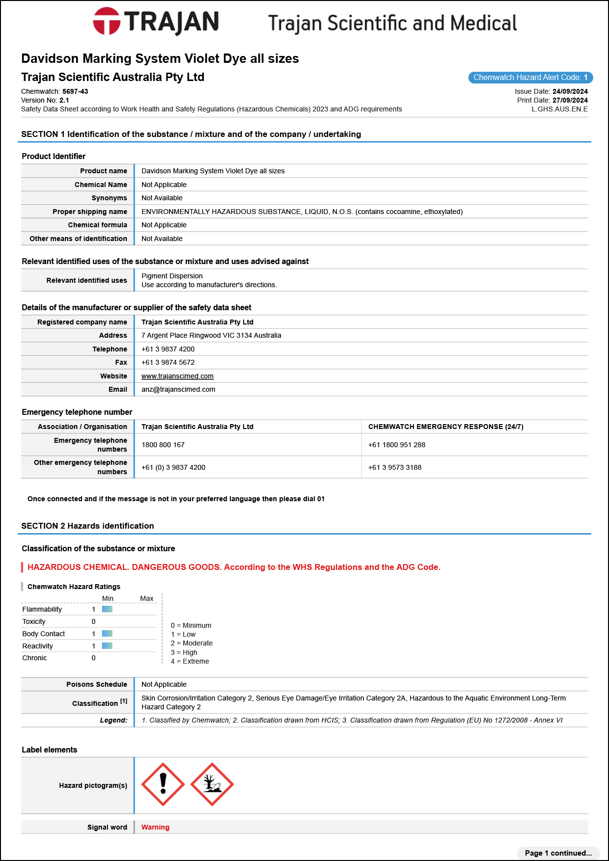 Safety Data Sheet - Davidson Marking System Violet Dye All Sizes (AUS)
