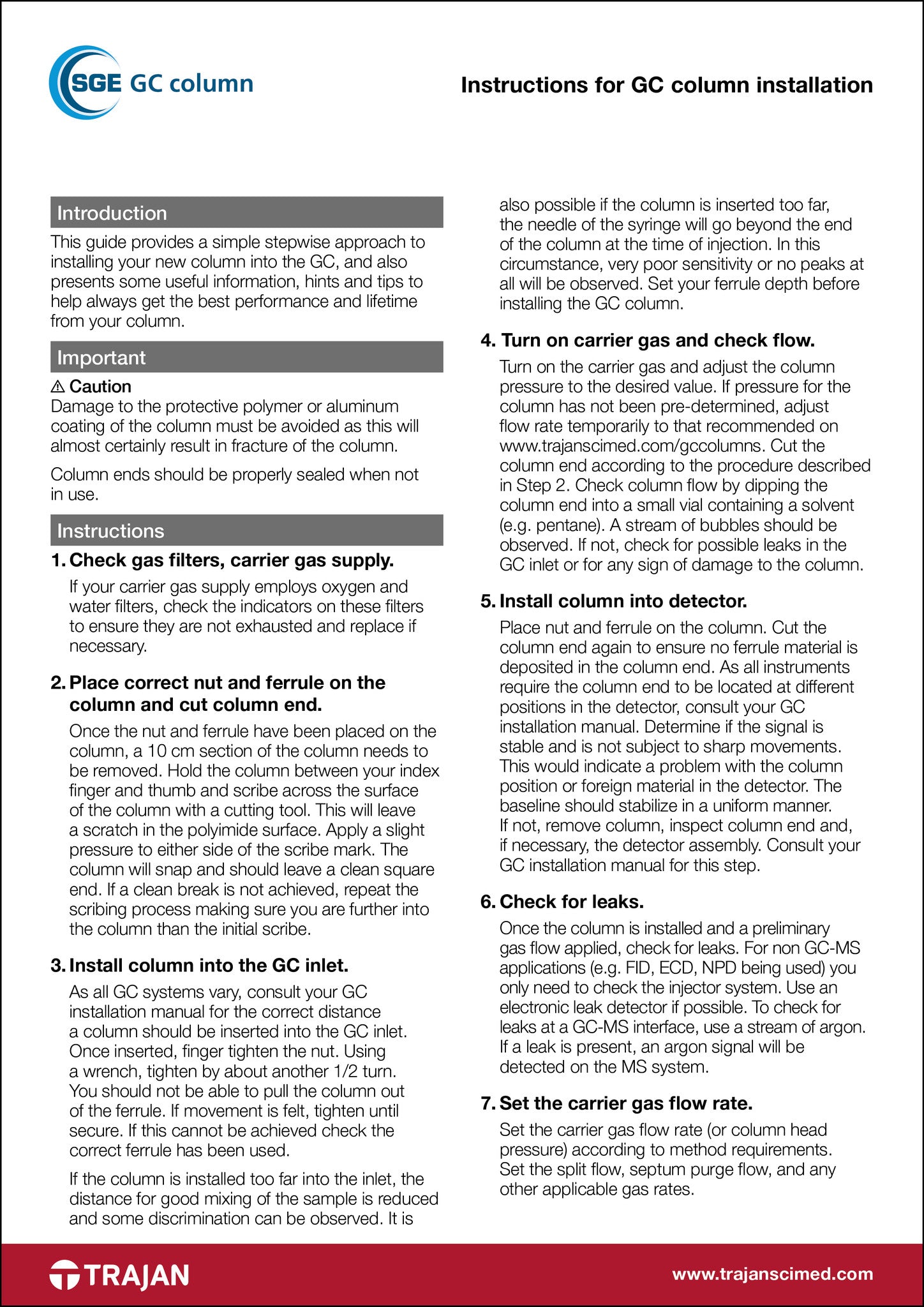 Instructions for GC column installation