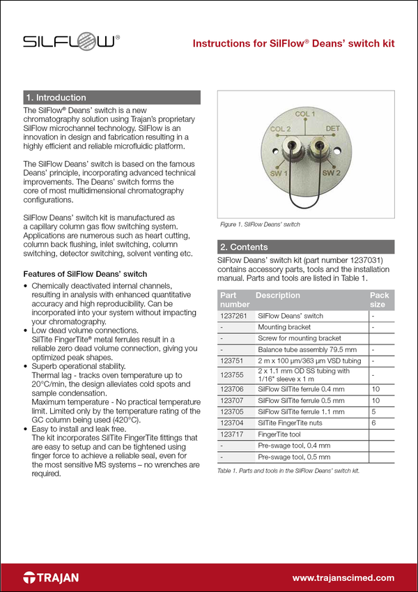 Instructions for SilFlow Deans' switch kit - Trajan Scientific and Medical