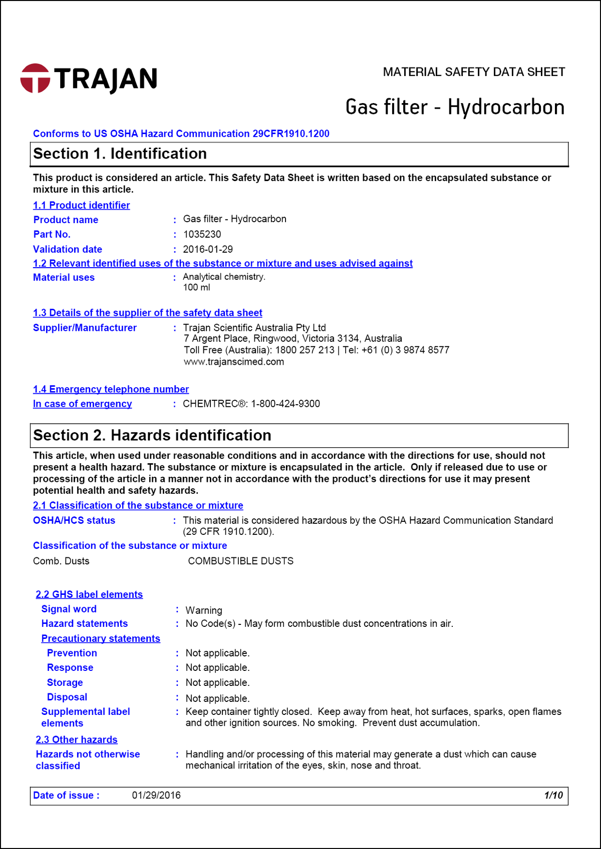 Material safety data sheet - Gas filter - Hydrocarbon