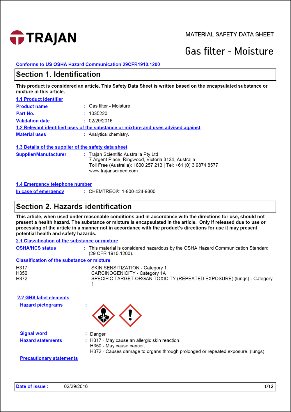 Material safety data sheet - Gas filter - Moisture - Trajan Scientific ...