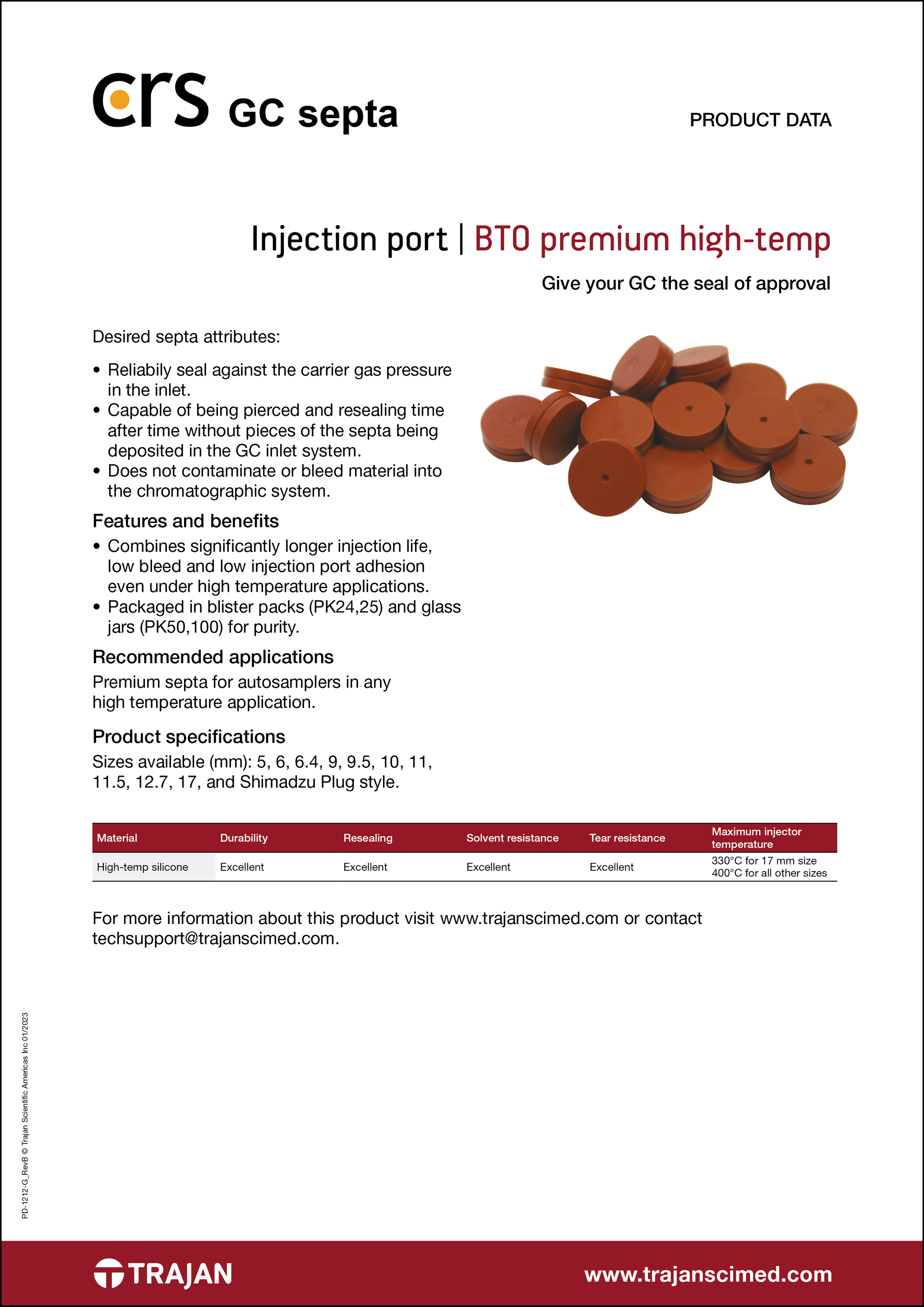 CRS BTO® (Bleed temperature optimized) GC septa Tagged "Analytical ...