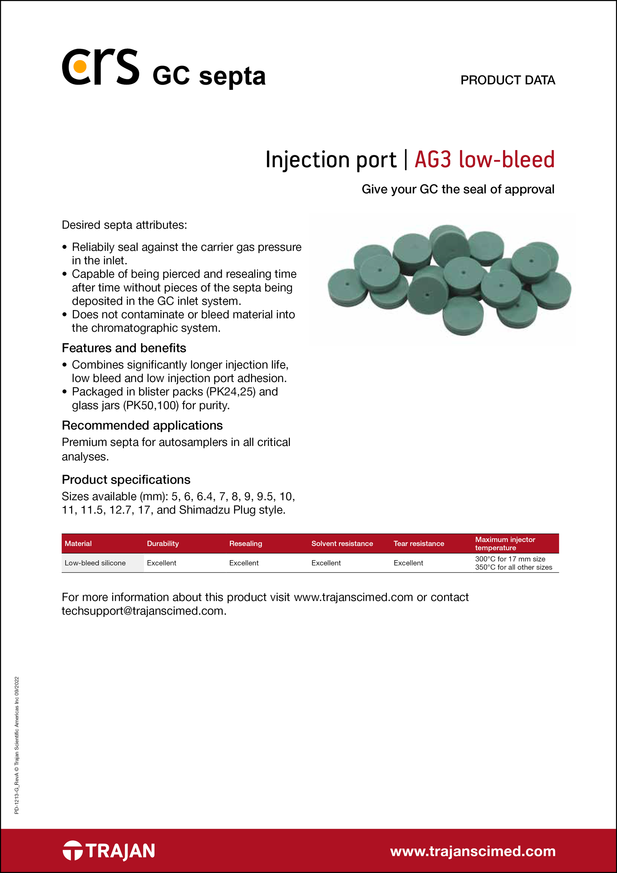CRS AG3 (Advanced Green 3) GC septa - Trajan Scientific and Medical