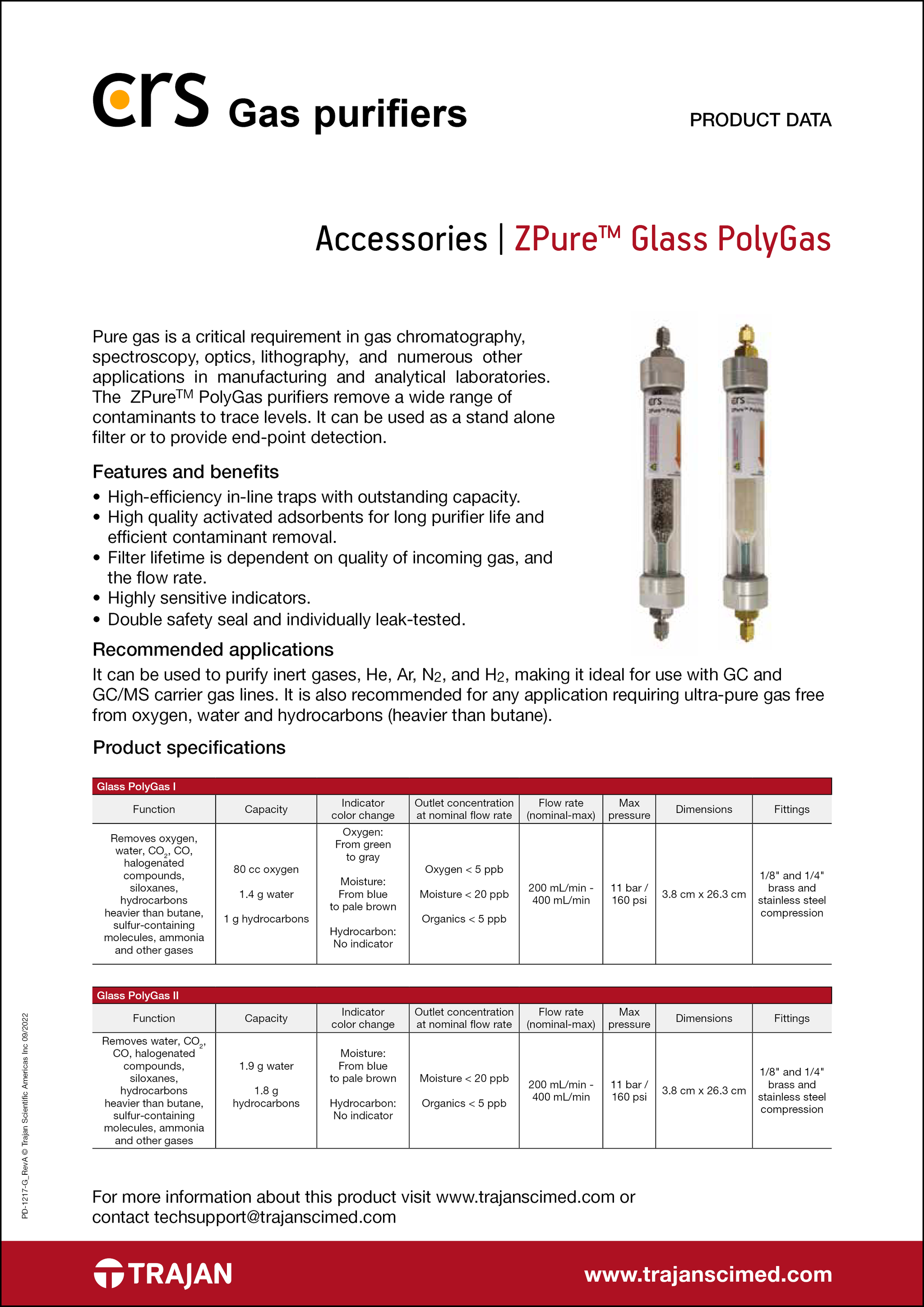 CRS ZPure™ Glass PolyGas gas purifiers - Trajan Scientific and Medical