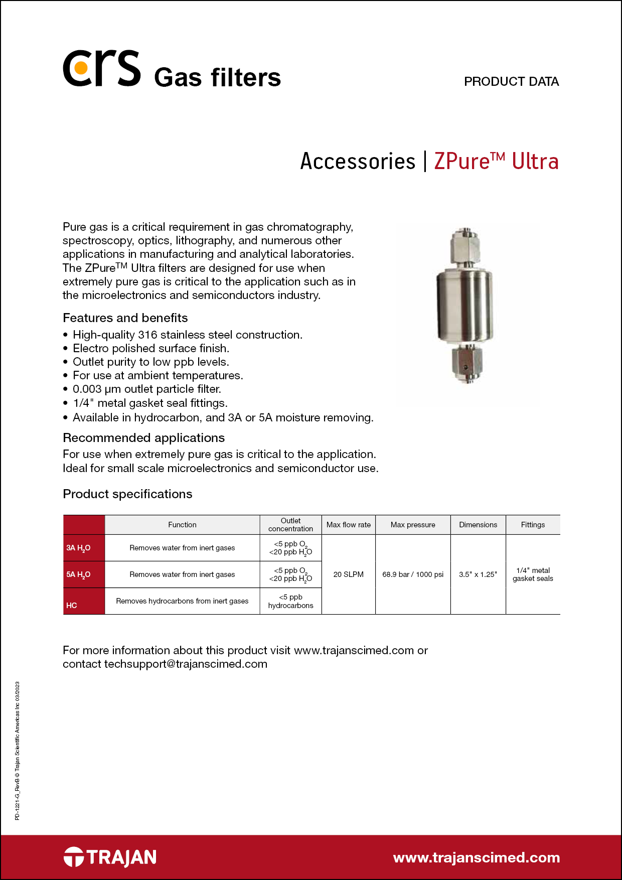 CRS ZPure™ Ultra gas filters Tagged "Gas purifier" - Trajan Scientific ...
