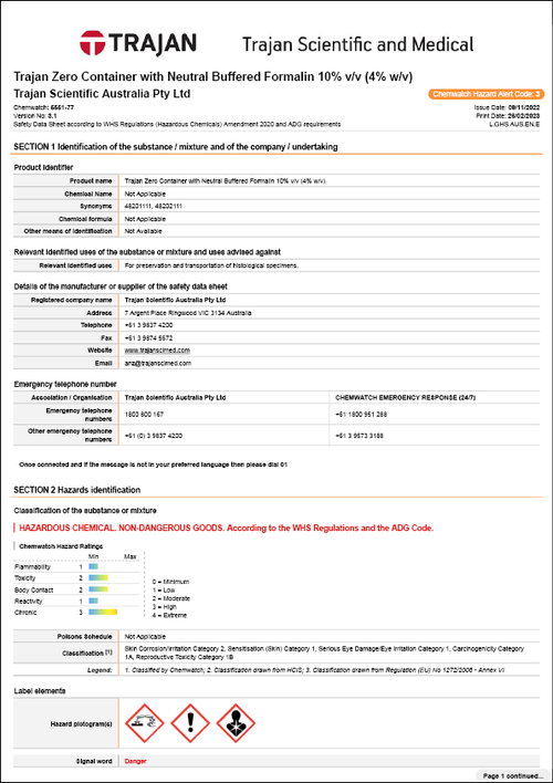 Safety Data Sheet - Trajan Zero Container with Neutral Buffered Formal